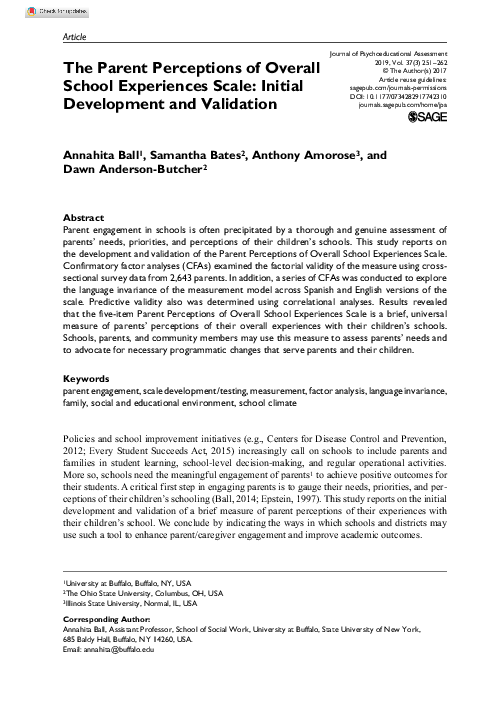 (PDF) The Parent Perceptions of Overall School Experiences Scale: Initial Development and Validation