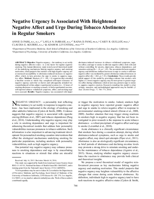(PDF) Negative Urgency Is Associated With Heightened Negative Affect ...