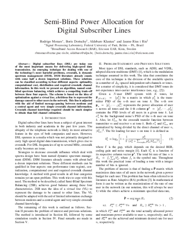 (PDF) Semi-Blind Power Allocation for Digital Subscriber Lines
