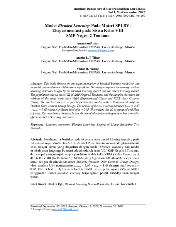 (PDF) Model Blended Learning Pada Materi SPLDV; Eksperimentasi pada ...