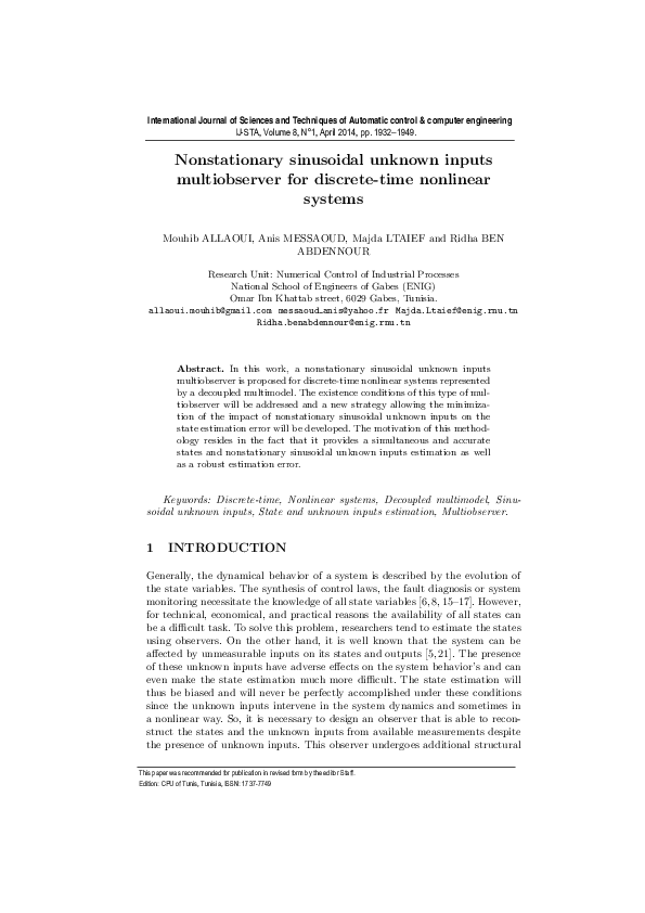 (PDF) Nonstationary sinusoidal unknown inputs multiobserver for discrete-time nonlinear systems