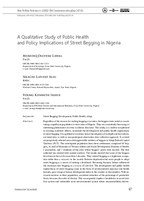 (PDF) A Qualitative Study of Public Health and Policy Implications of Street Begging in Nigeria