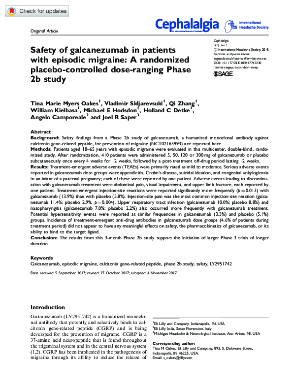 (PDF) Safety of galcanezumab in patients with episodic migraine: A ...