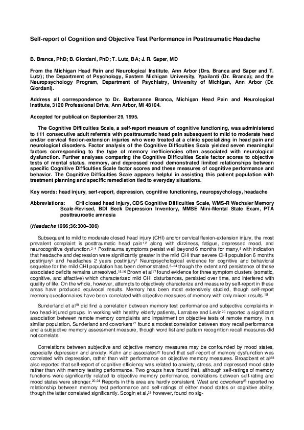 (PDF) Self-report of Cognition and Objective Test Performance in ...