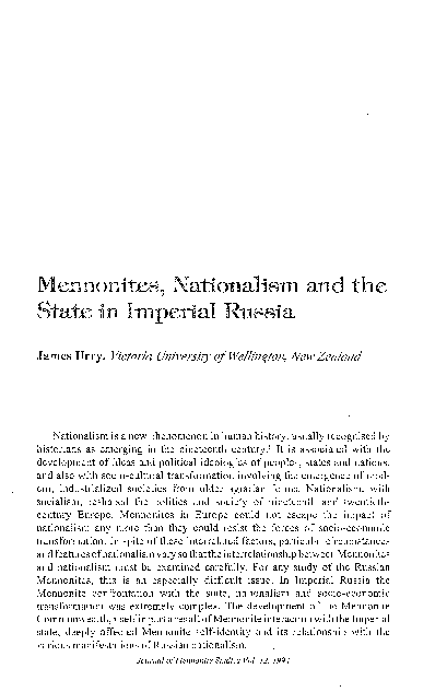 (PDF) Mennonites, Nationalism and the State in Imperial Russia