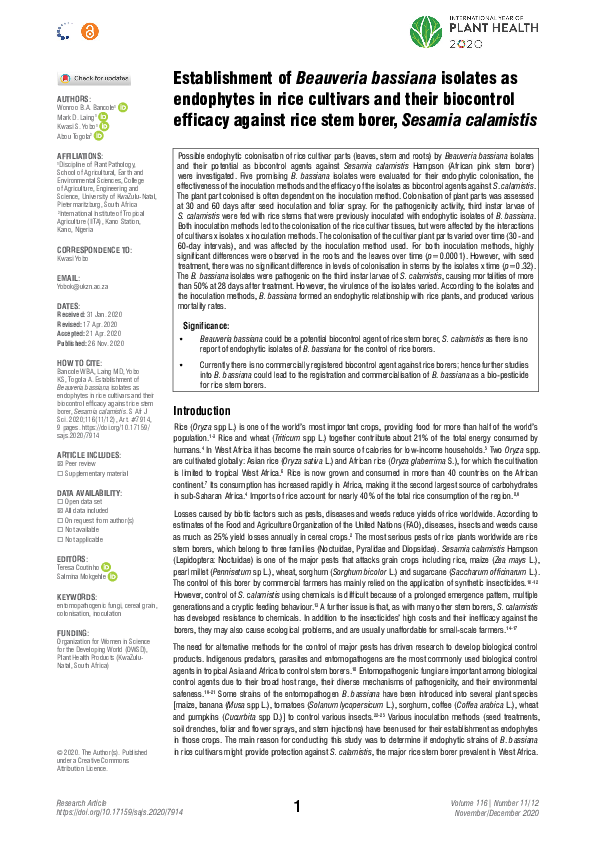(PDF) Establishment of Beauveria bassiana isolates as endophytes in ...