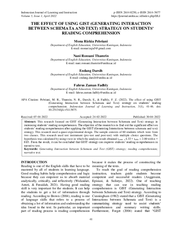 Pdf The Effect Of Using Gist Generating Interaction Between Schemata And Text Strategy On