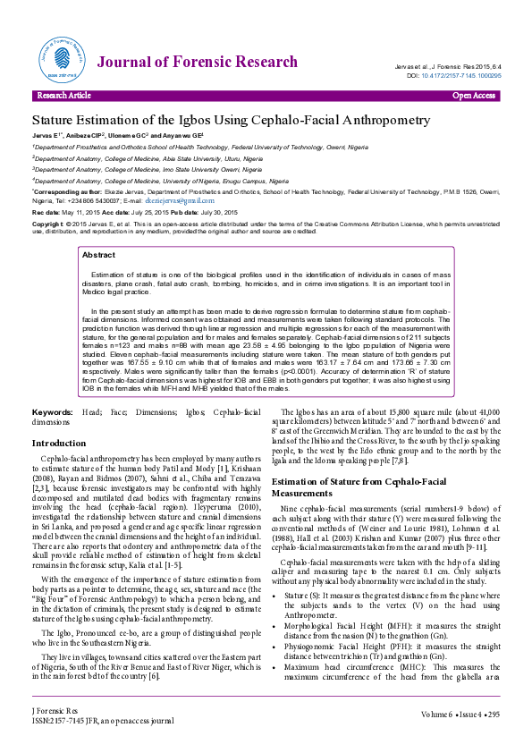 (PDF) Stature Estimation of the Igbos Using Cephalo-Facial Anthropometry