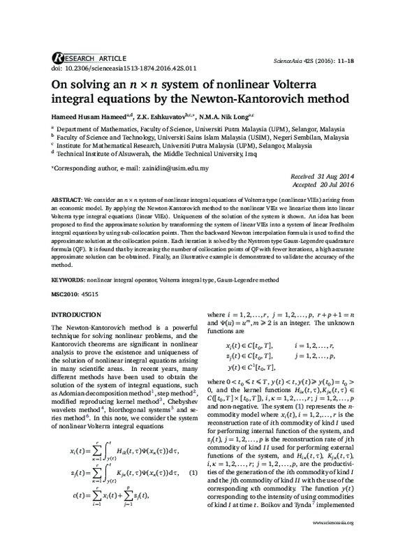 (PDF) On solving an n×n system of nonlinear Volterra integral equations by the Newton ...