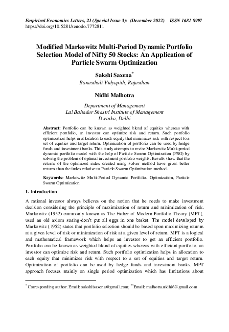 (PDF) Modified Markowitz Multi-Period Dynamic Portfolio Selection Model of Nifty 50 Stocks: An ...
