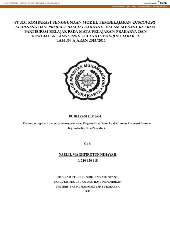 (PDF) Studi Komparasi Penggunaan Model Pembelajaran Discovery Learning Dan Project Based ...