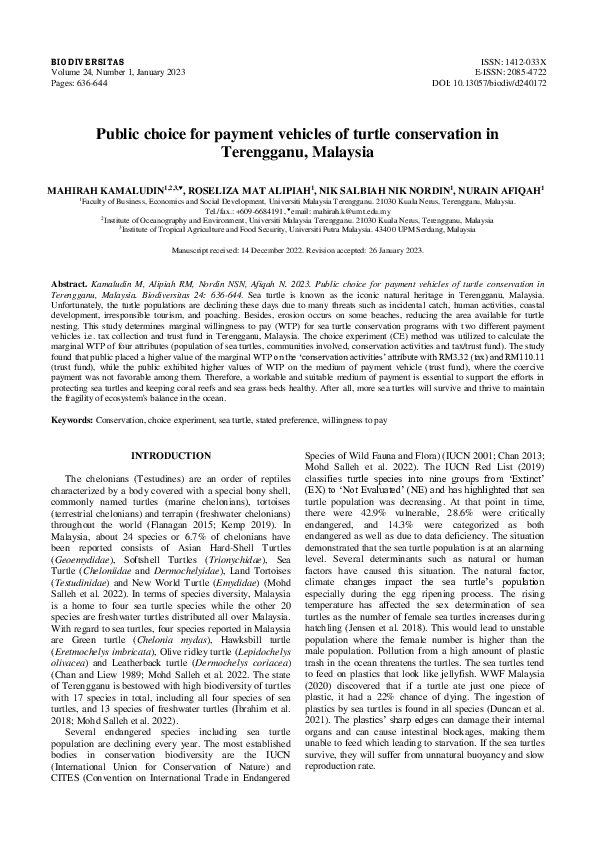 (PDF) Public choice for payment vehicles of turtle conservation in ...