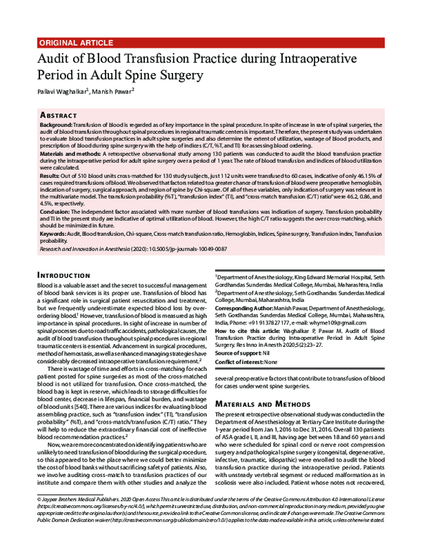 (PDF) Audit of Blood Transfusion Practice during Intraoperative Period ...