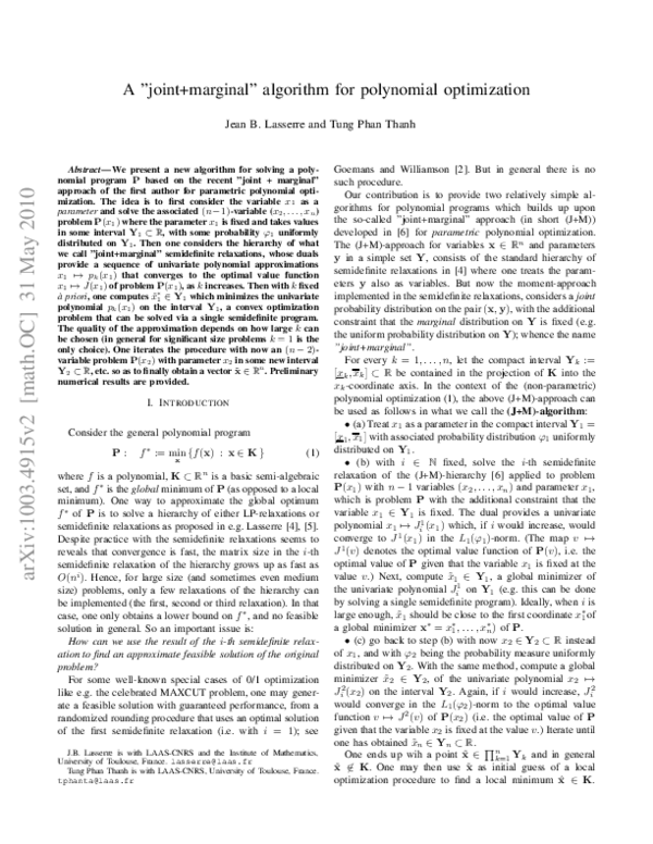 (PDF) A “joint+marginal” algorithm for polynomial optimization