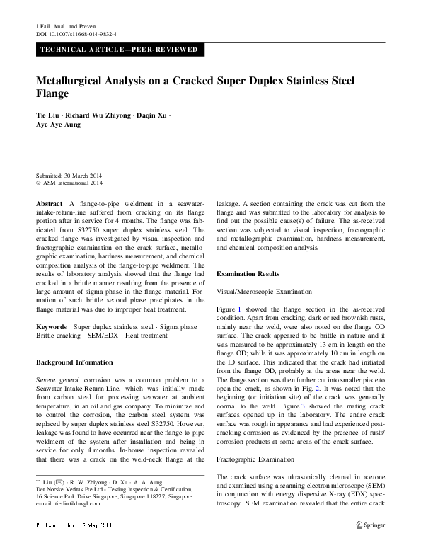 (PDF) Metallurgical Analysis on a Cracked Super Duplex Stainless Steel ...