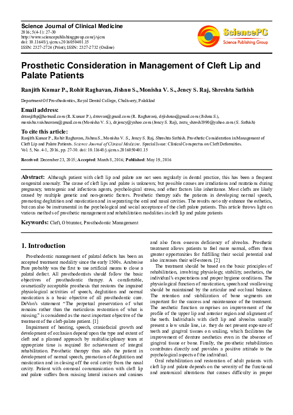 (PDF) Prosthetic Consideration in Management of Cleft Lip and Palate Patients