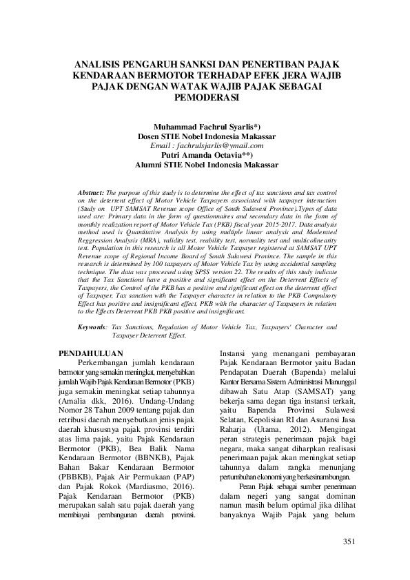 (PDF) Analisis Pengaruh Sanksi Dan Penertiban Pajak Kendaraan Bermotor Terhadap Efek Jera Wajib ...