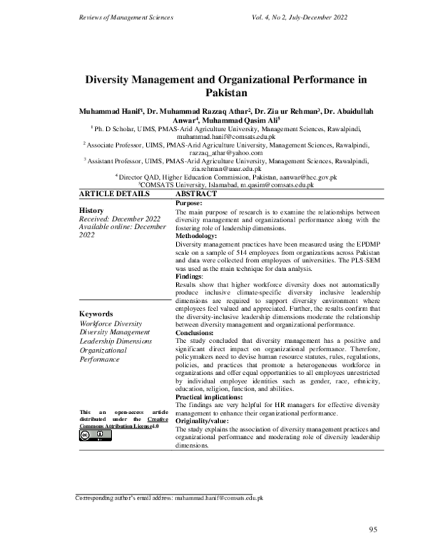 (PDF) Diversity Management and Organizational Performance in Pakistan