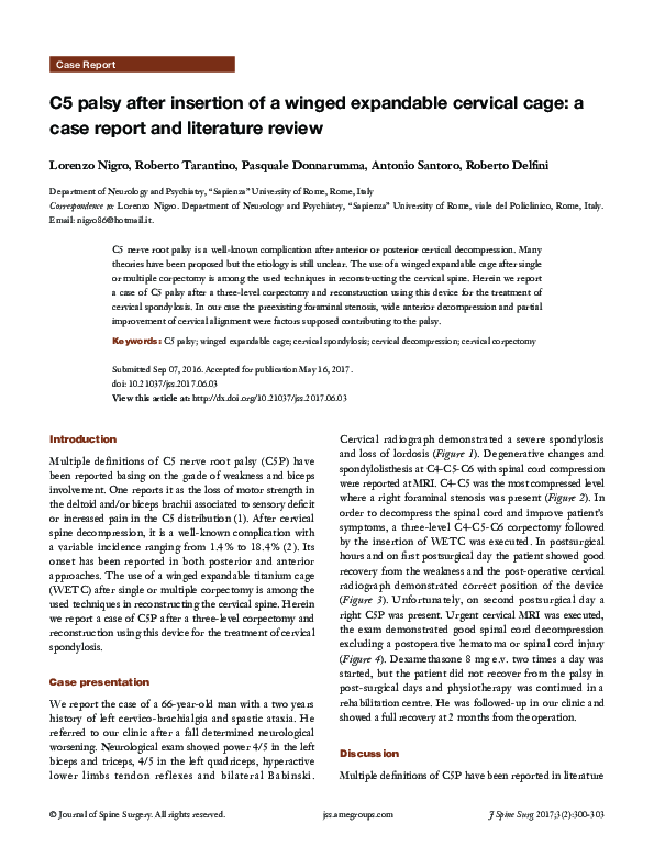 Pdf C5 Palsy After Insertion Of A Winged Expandable Cervical Cage A