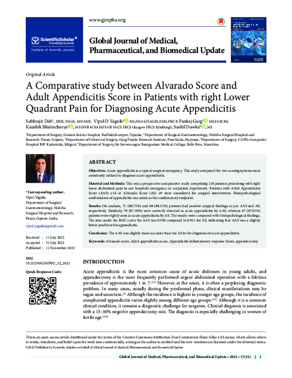 (PDF) A Comparative study between Alvarado Score and Adult Appendicitis ...