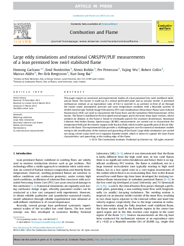 (PDF) Large eddy simulations and rotational CARS/PIV/PLIF measurements of a lean premixed low ...