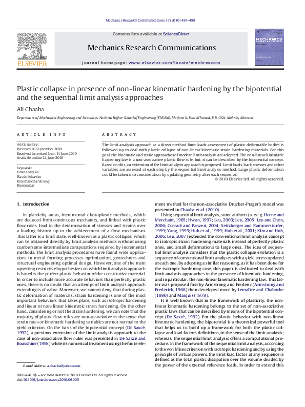 (PDF) Plastic collapse in presence of non-linear kinematic hardening by the bipotential and the ...