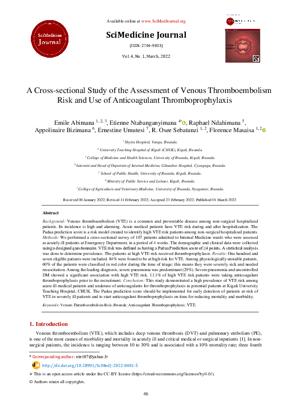 (PDF) A Cross-sectional Study of the Assessment of Venous Thromboembolism Risk and Use of ...