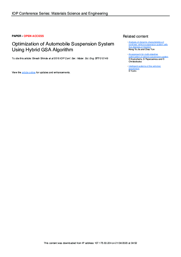 Pdf Optimization Of Automobile Suspension System Using Hybrid Gsa Algorithm