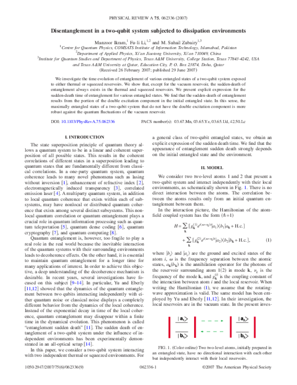 (PDF) Disentanglement in a two-qubit system subjected to dissipation environments