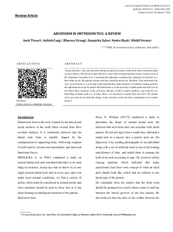 (PDF) Archform in Orthodontics: A Review