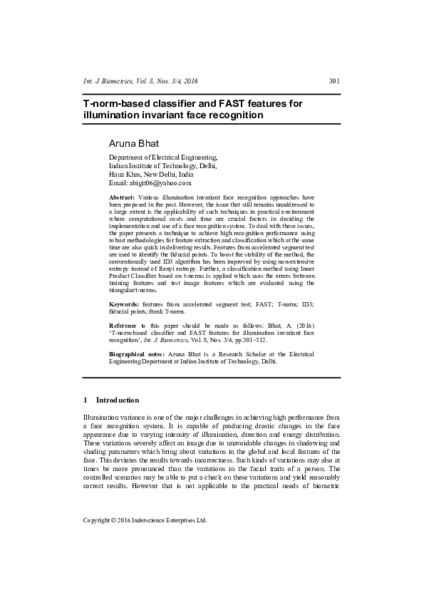 (PDF) T-norm-based classifier and FAST features for illumination invariant face recognition