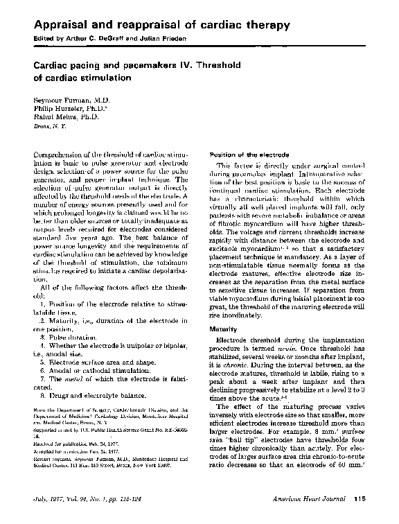 (PDF) Cardiac pacing and pacemakers IV. Threshold of cardiac stimulation