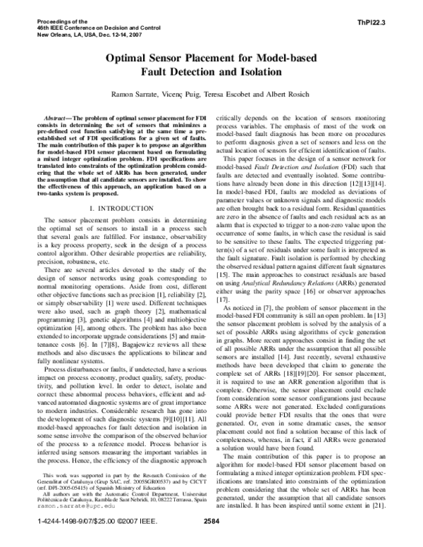 Pdf Optimal Sensor Placement For Model Based Fault Detection And
