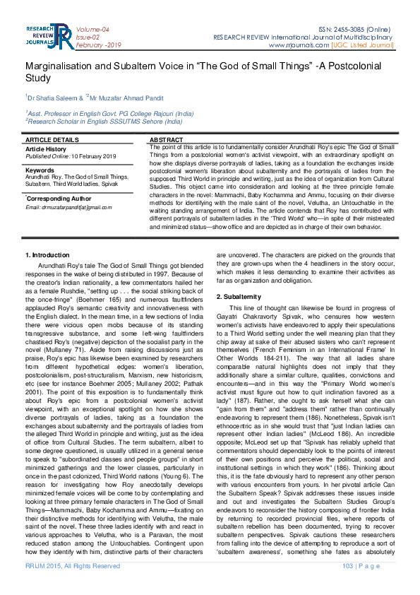 (PDF) Marginalisation and Subaltern Voice in "The God of Small Things ...