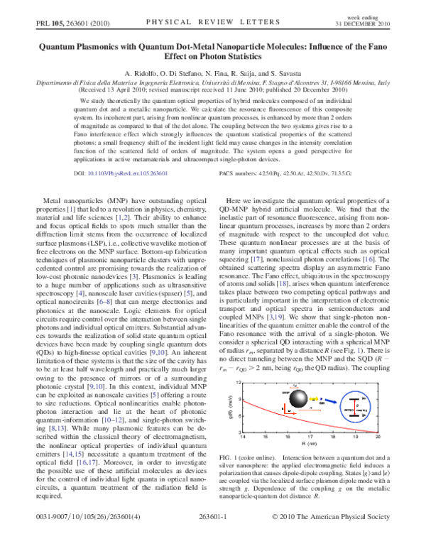 (PDF) Quantum Plasmonics with Quantum Dot-Metal Nanoparticle Molecules: Influence of the Fano ...