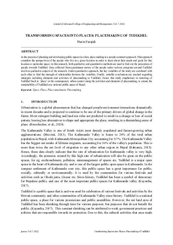 (PDF) Transforming Spaces into Places: Placemaking of Tudikhel