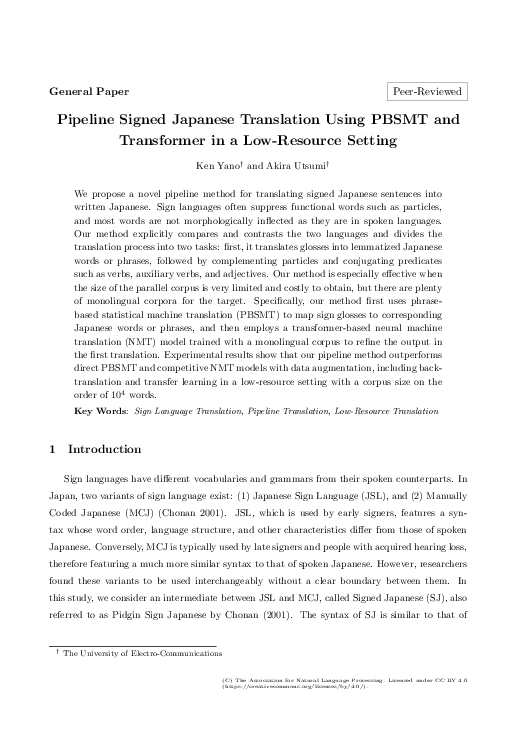(PDF) Pipeline Signed Japanese Translation Using PBSMT and Transformer in a Low-Resource Setting