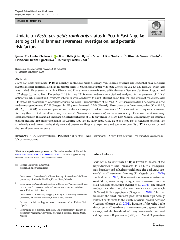 (PDF) Update on Peste des petits ruminants status in South East Nigeria: serological and farmers ...