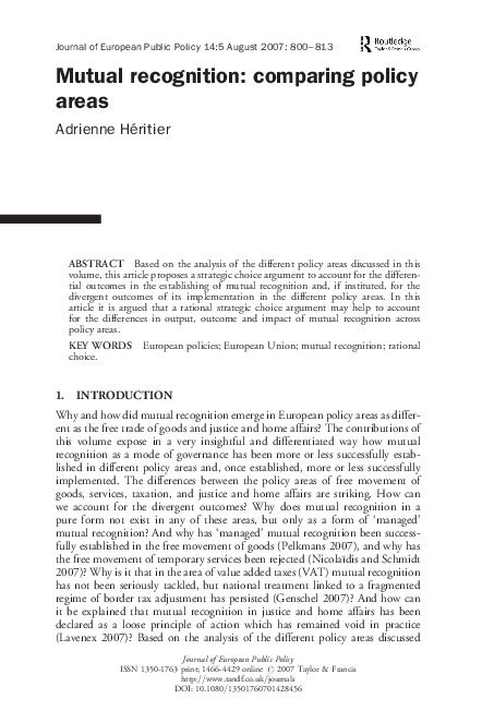 (PDF) Mutual recognition: comparing policy areas