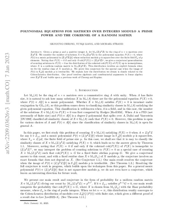 Pdf Polynomial Equations For Matrices Over Integers Modulo A Prime Power And The Cokernel Of A