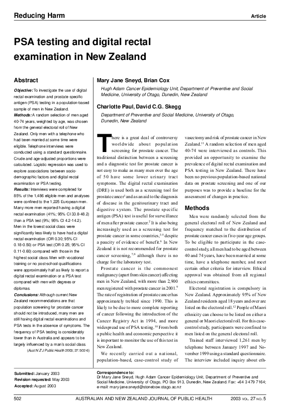 (PDF) PSA testing and digital rectal examination in New Zealand