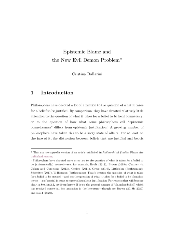 (PDF) Epistemic Blame and the New Evil Demon Problem
