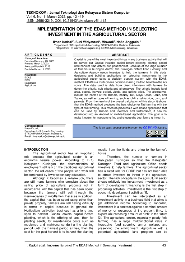 (PDF) Implementation of the Edas Method in Selecting Investment in the Agricultural Sector