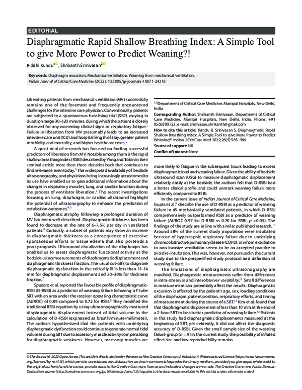 (PDF) Diaphragmatic Rapid Shallow Breathing Index: A Simple Tool to ...