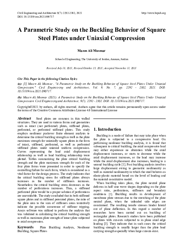 (PDF) A Parametric Study on the Buckling Behavior of Square Steel ...