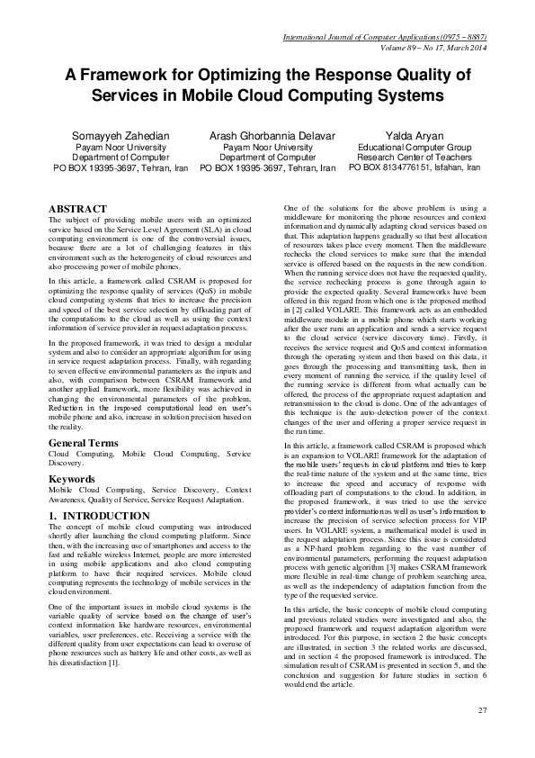 (PDF) A Framework for Optimizing the Response Quality of Services in Mobile Cloud Computing Systems