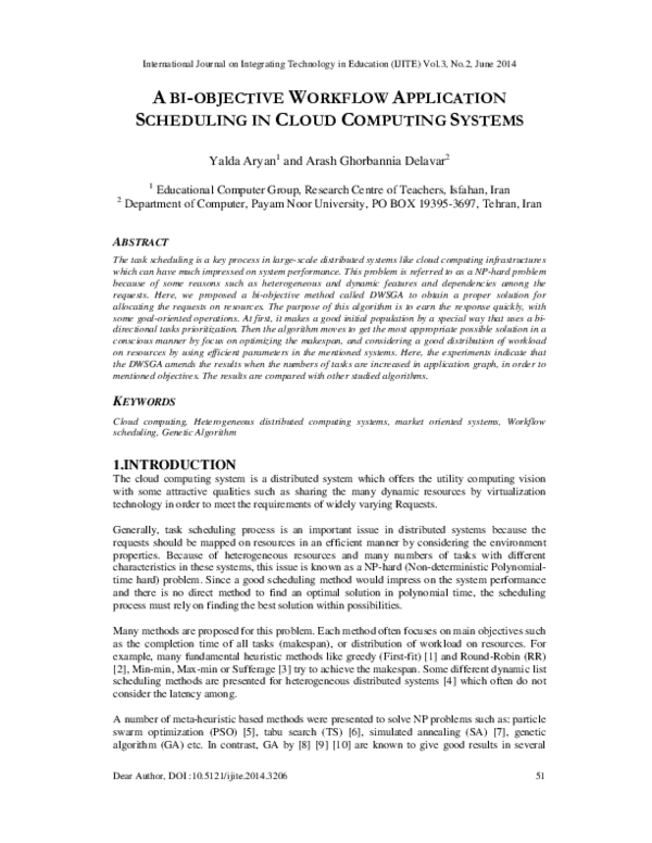 Pdf A Bi Objective Workflow Application Scheduling In Cloud