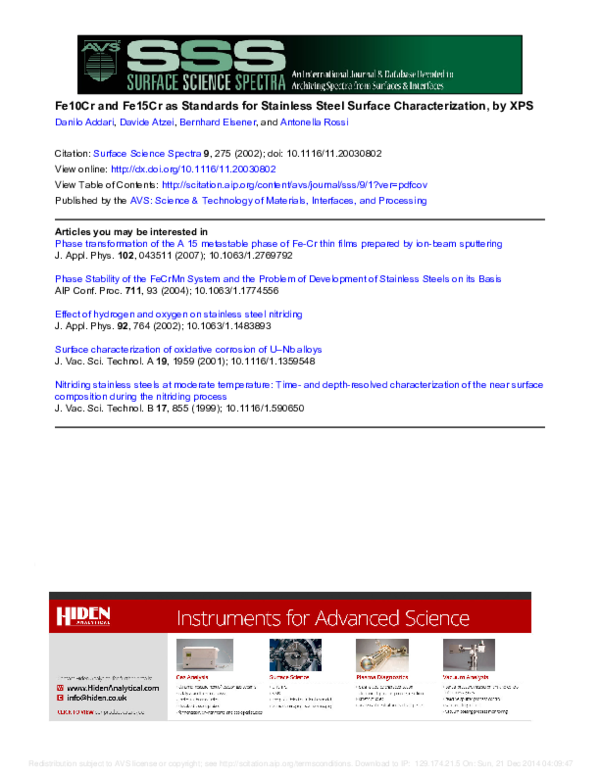 (PDF) Fe10Cr and Fe15Cr as Standards for Stainless Steel Surface Characterization, by XPS