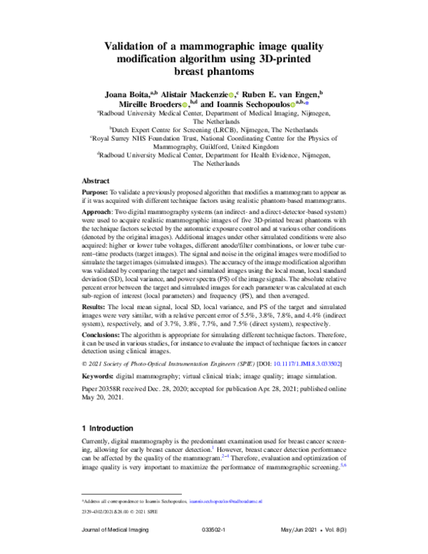 Pdf Validation Of A Mammographic Image Quality Modification Algorithm Using 3d Printed Breast