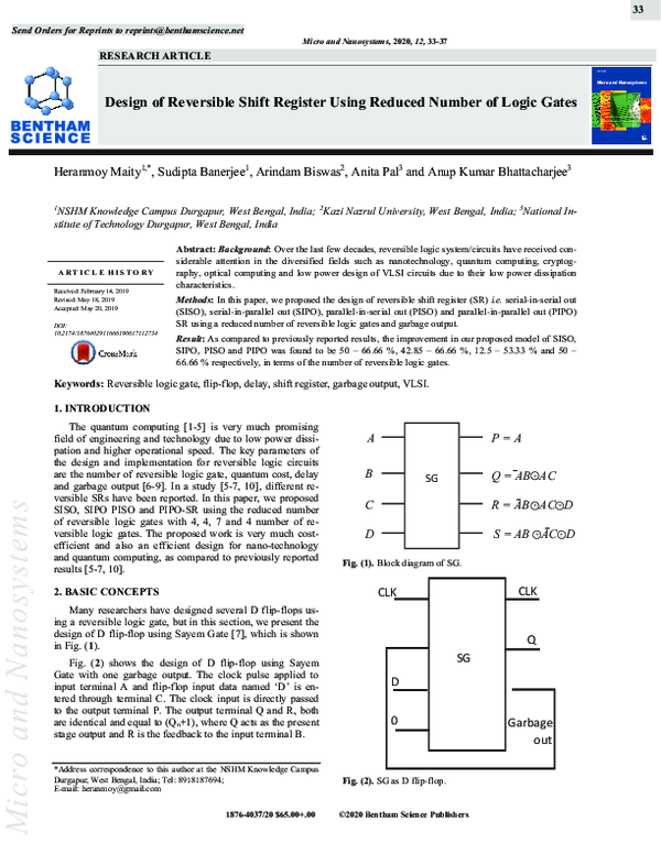 Pdf Design Of Reversible Shift Register Using Reduced Number Of Logic